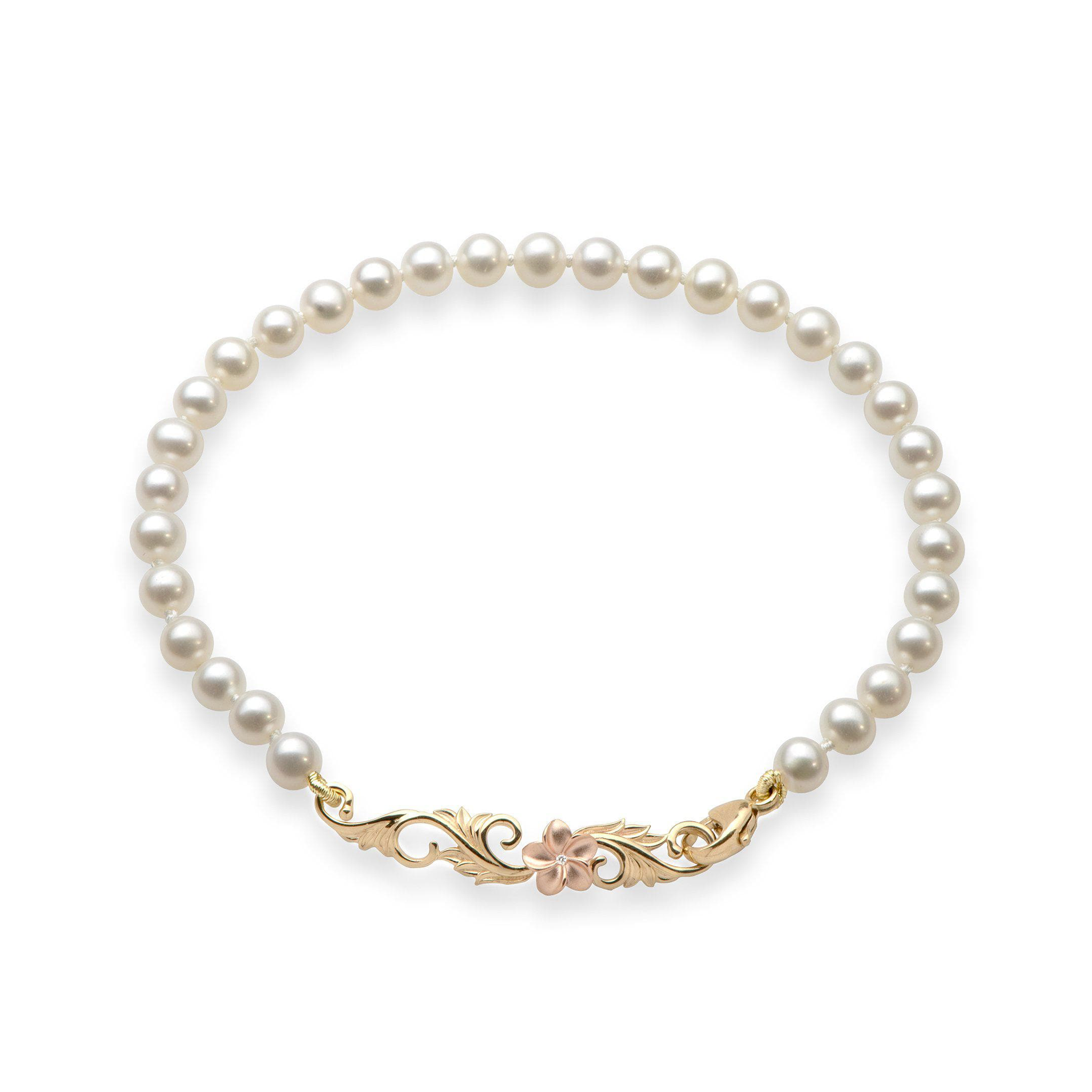 Hawaiian Heirloom Plumeria White Pearl Bracelet in Gold with Diamond