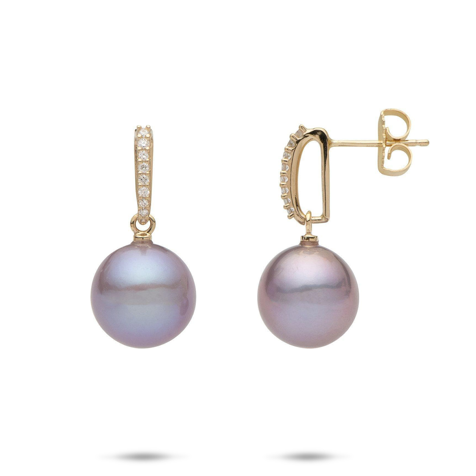 Freshwater Lilac Pearl Earrings in Gold with Diamonds - 11-12mm