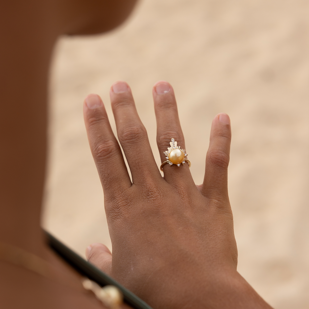 Hawaiian Sunrise South Sea Gold Pearl Ring in Yellow Gold & Diamonds