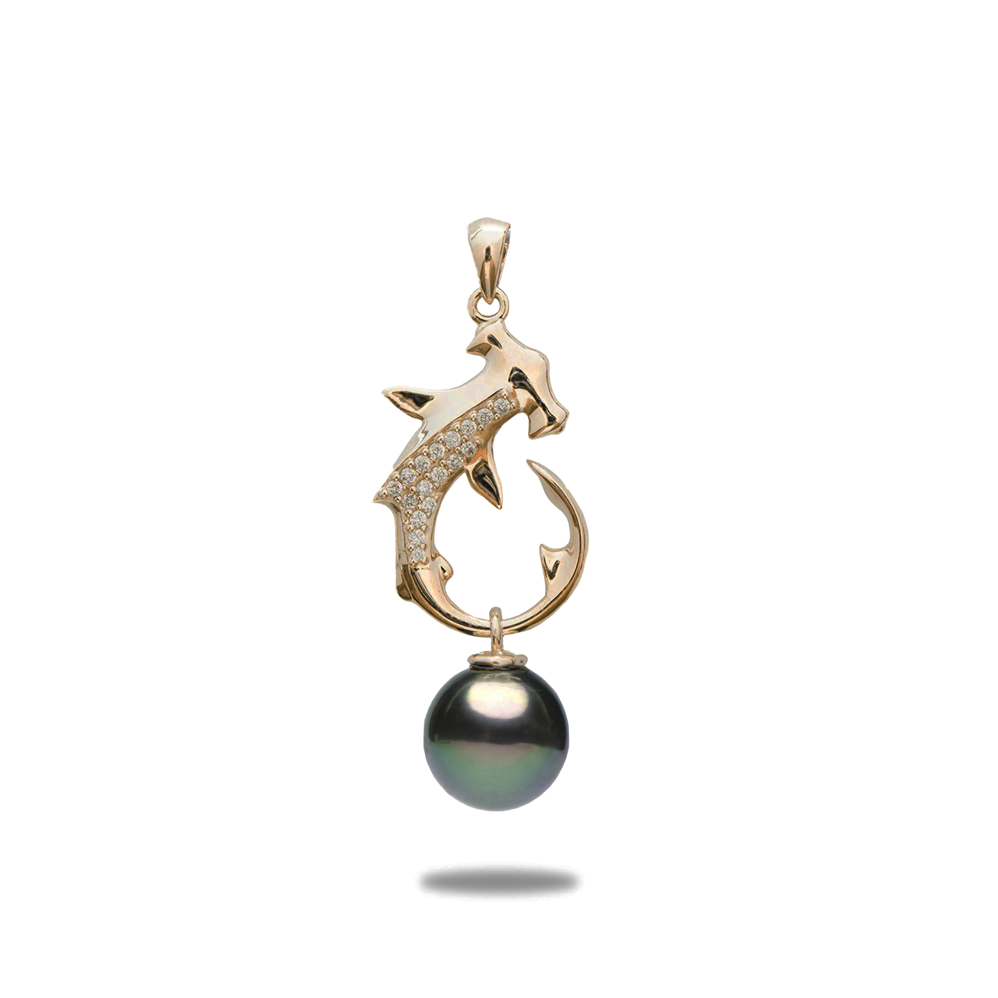 Hammerhead Shark Tahitian Black Pearl Pendant in Gold with Diamonds