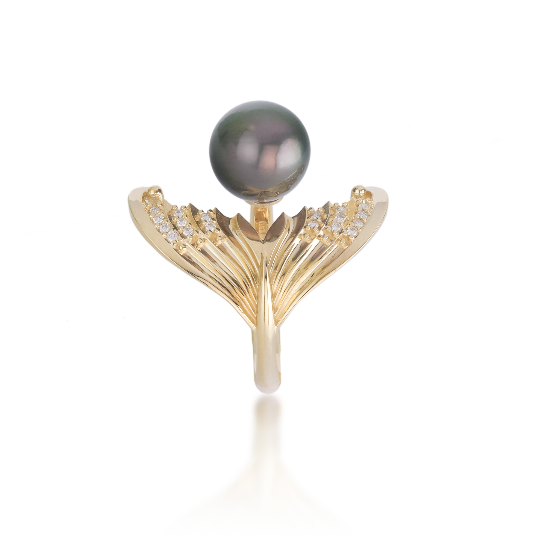 Moon Mermaid Tahitian Black Pearl Ring in Gold with Diamonds