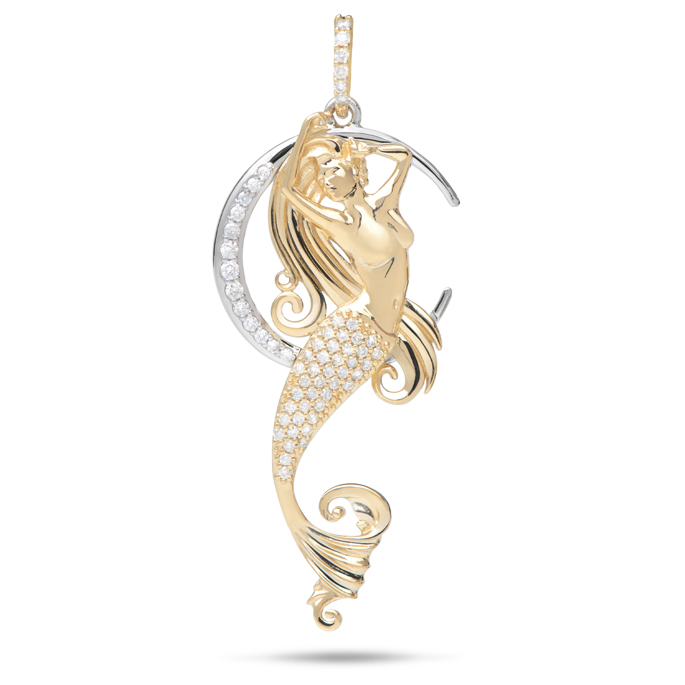 Moon Mermaid Pendant in Two Tone Gold with Diamonds - 42mm