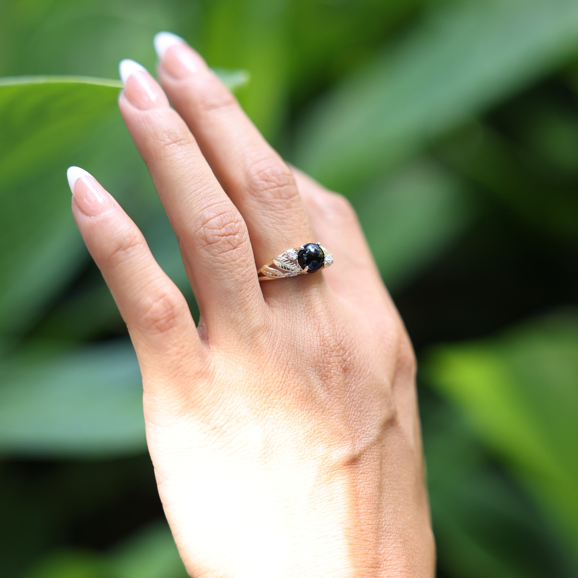 Maile Leaf Black Coral Ring in Gold with Diamonds