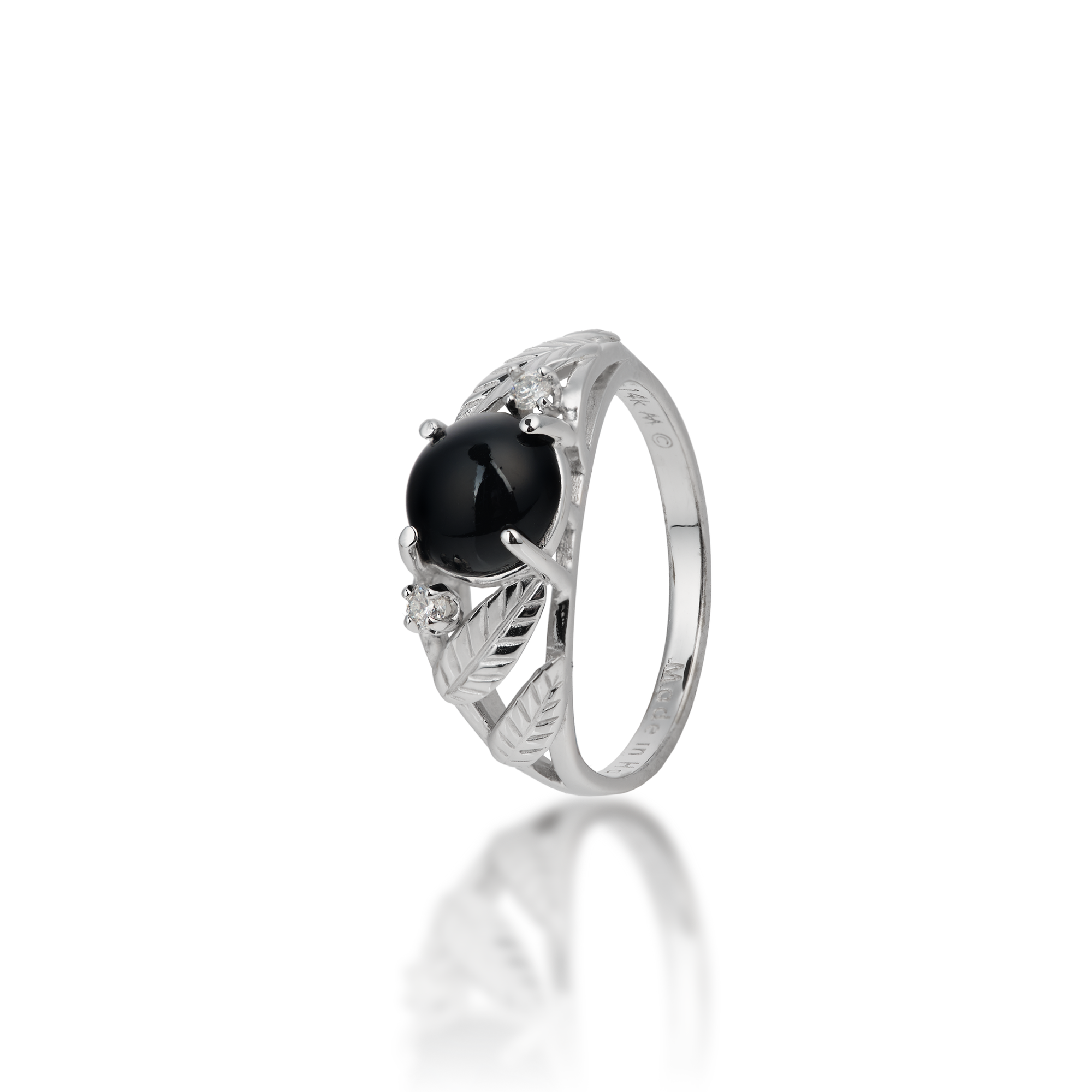 Maile Leaf Black Coral Ring in White Gold with Diamonds