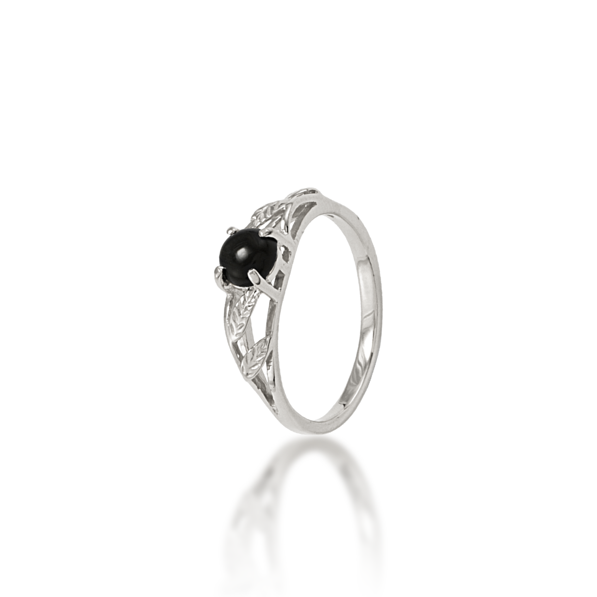 Maile Leaf Black Coral Ring in White Gold