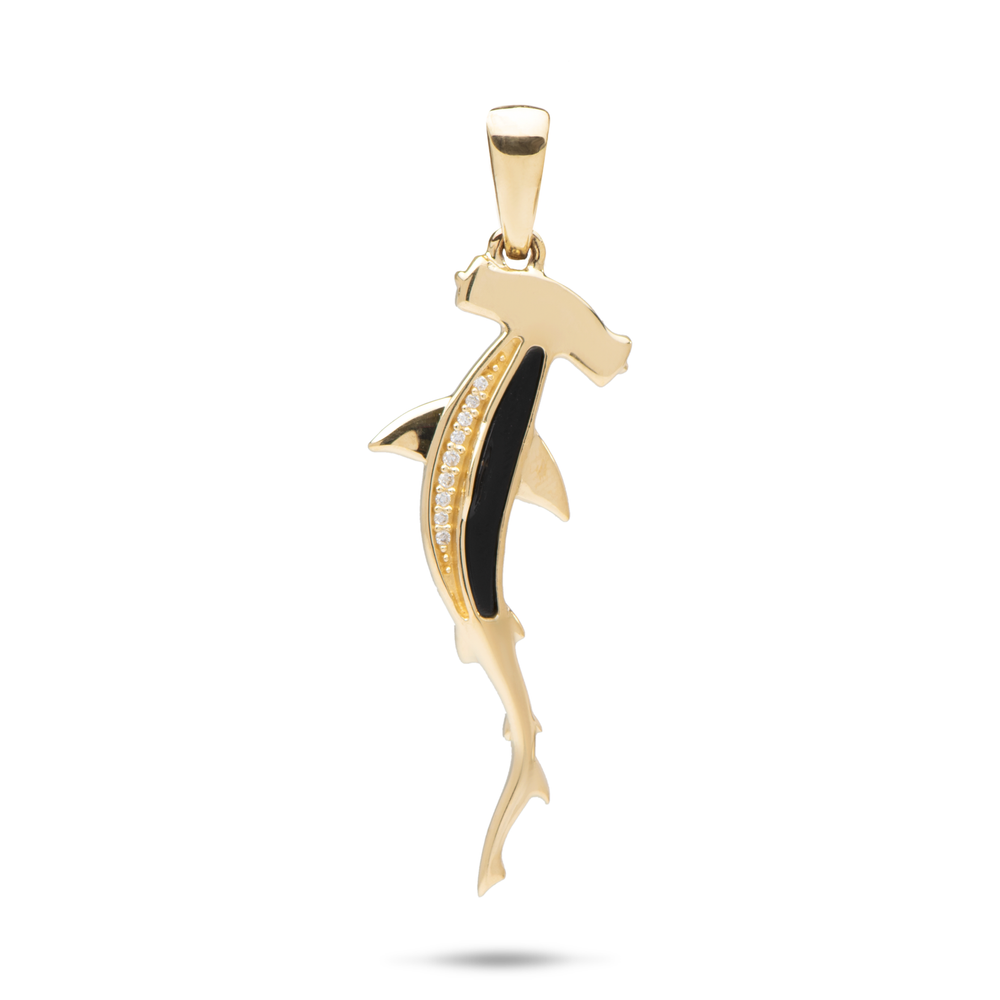 Hammerhead Shark Black Coral Pendant in Gold with Diamonds - 34mm