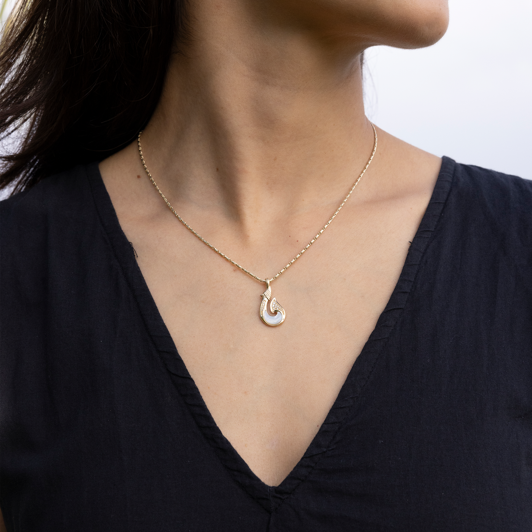 Fish Hook Mother of Pearl Pendant in Gold with Diamonds - 27mm