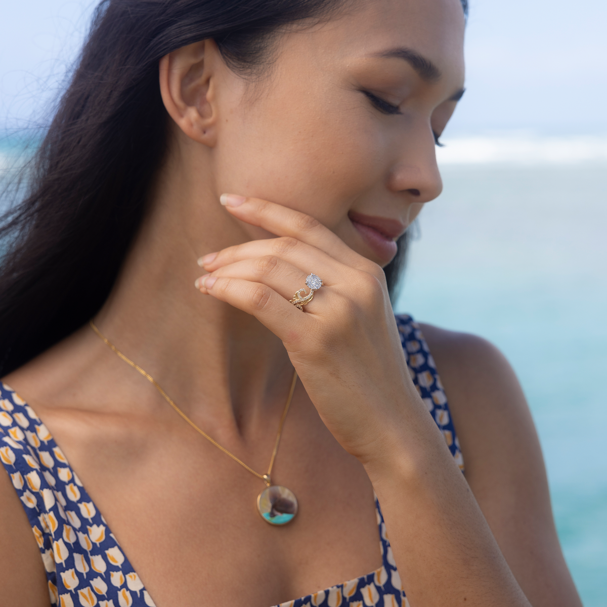 Hawaiian Heirloom Diamond Engagement Ring in Two Tone Gold