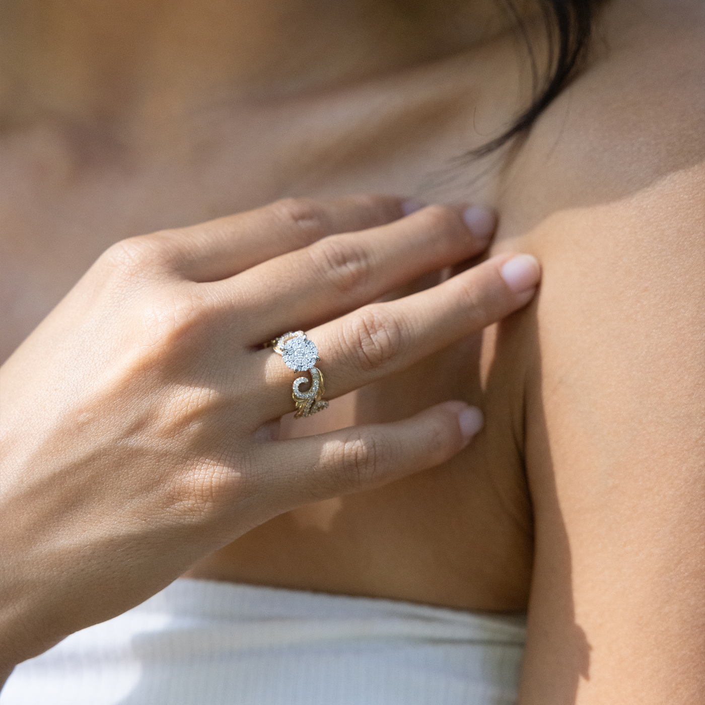 Hawaiian Heirloom Diamond Engagement Ring in Two Tone Gold