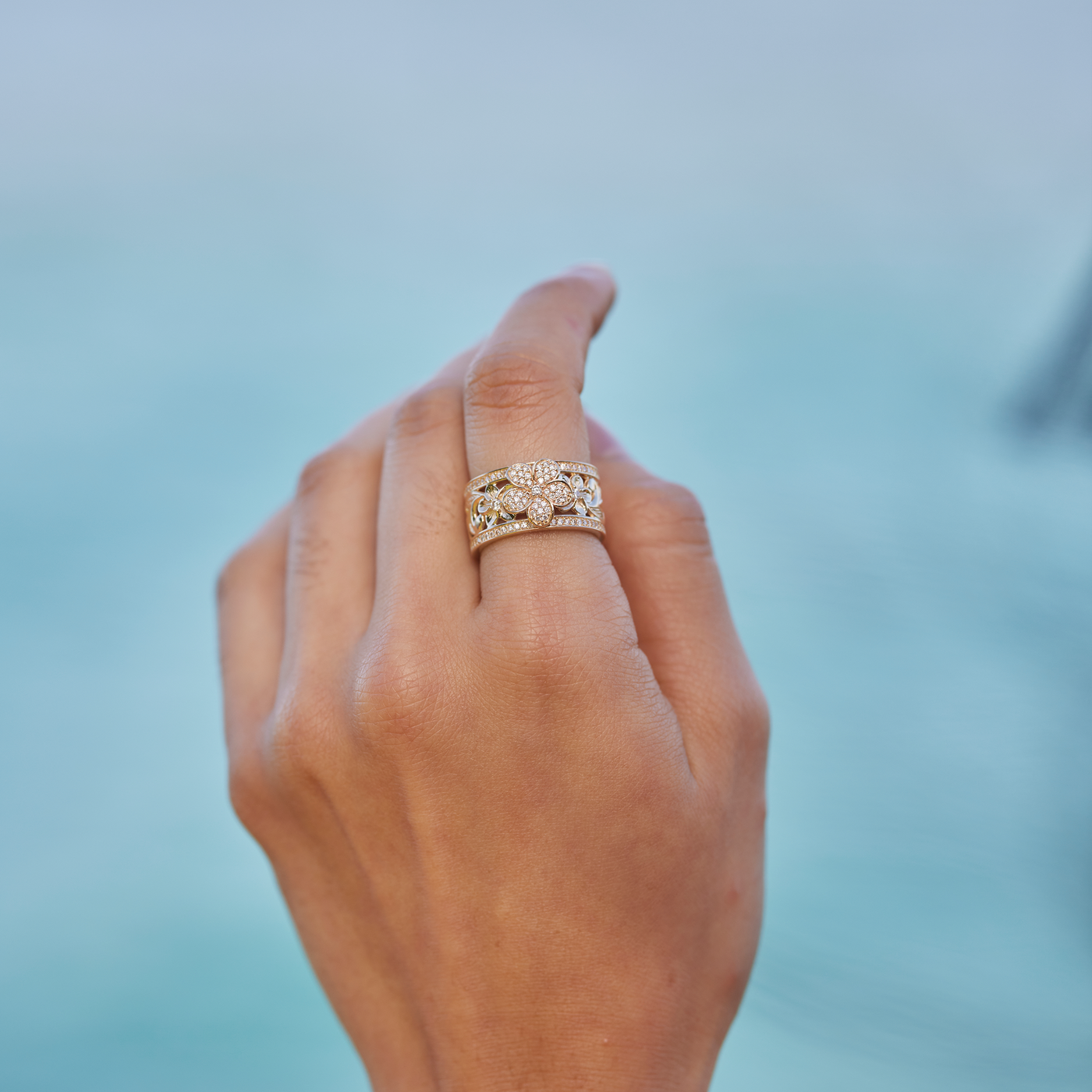 Hawaiian Heirloom Plumeria Diamond Engagement Ring in Gold