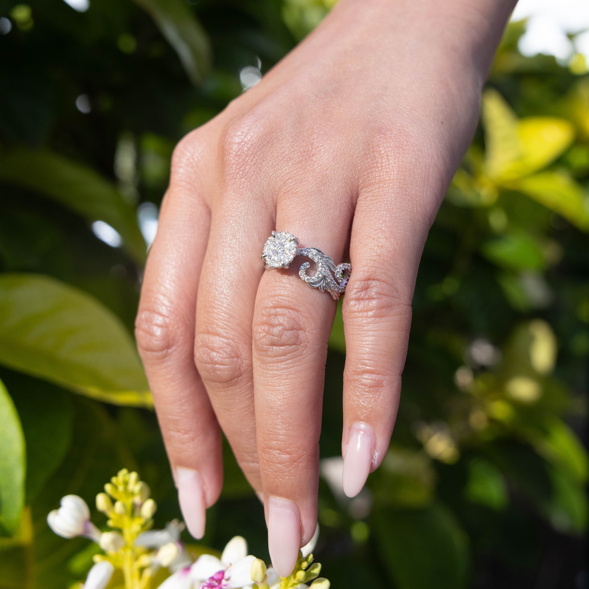 Hawaiian Heirloom Diamond Engagement Ring in White Gold