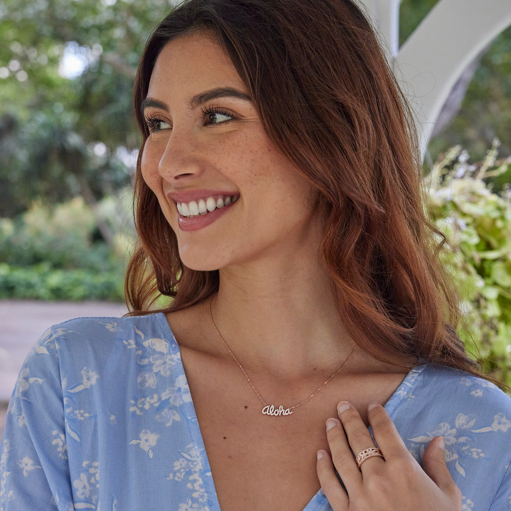 16" Aloha Script Necklace in Rose Gold with Diamonds