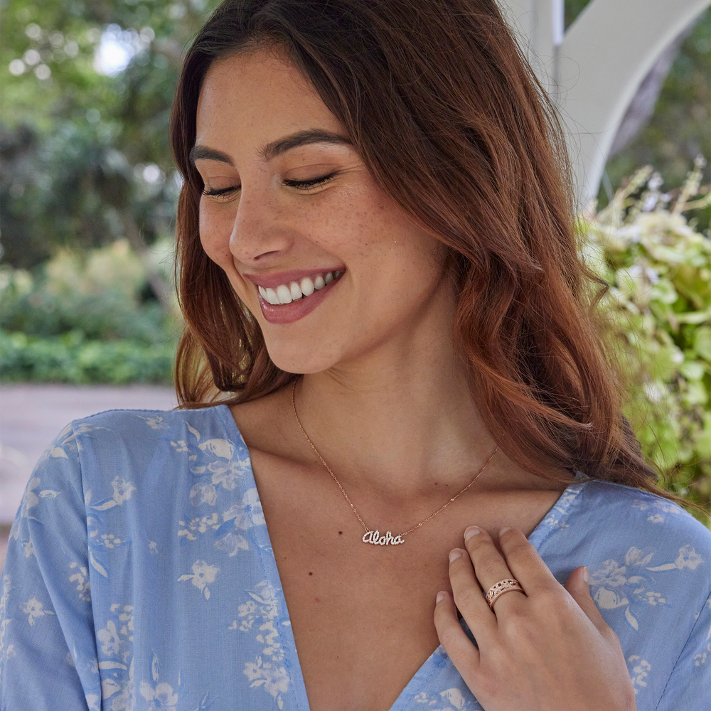 16" Aloha Script Necklace in Rose Gold with Diamonds