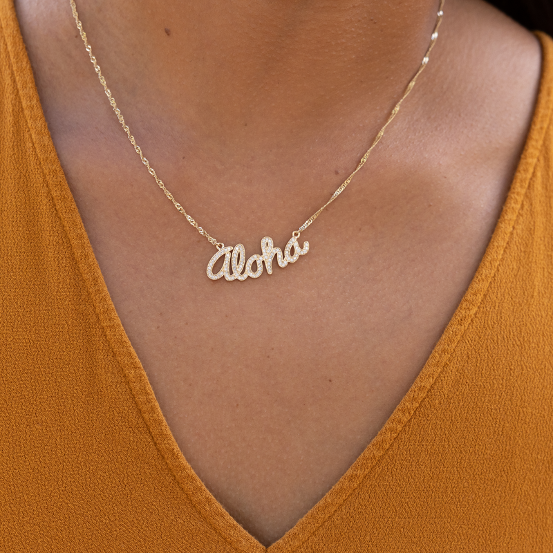 16" Aloha Script Necklace in Gold with Diamonds