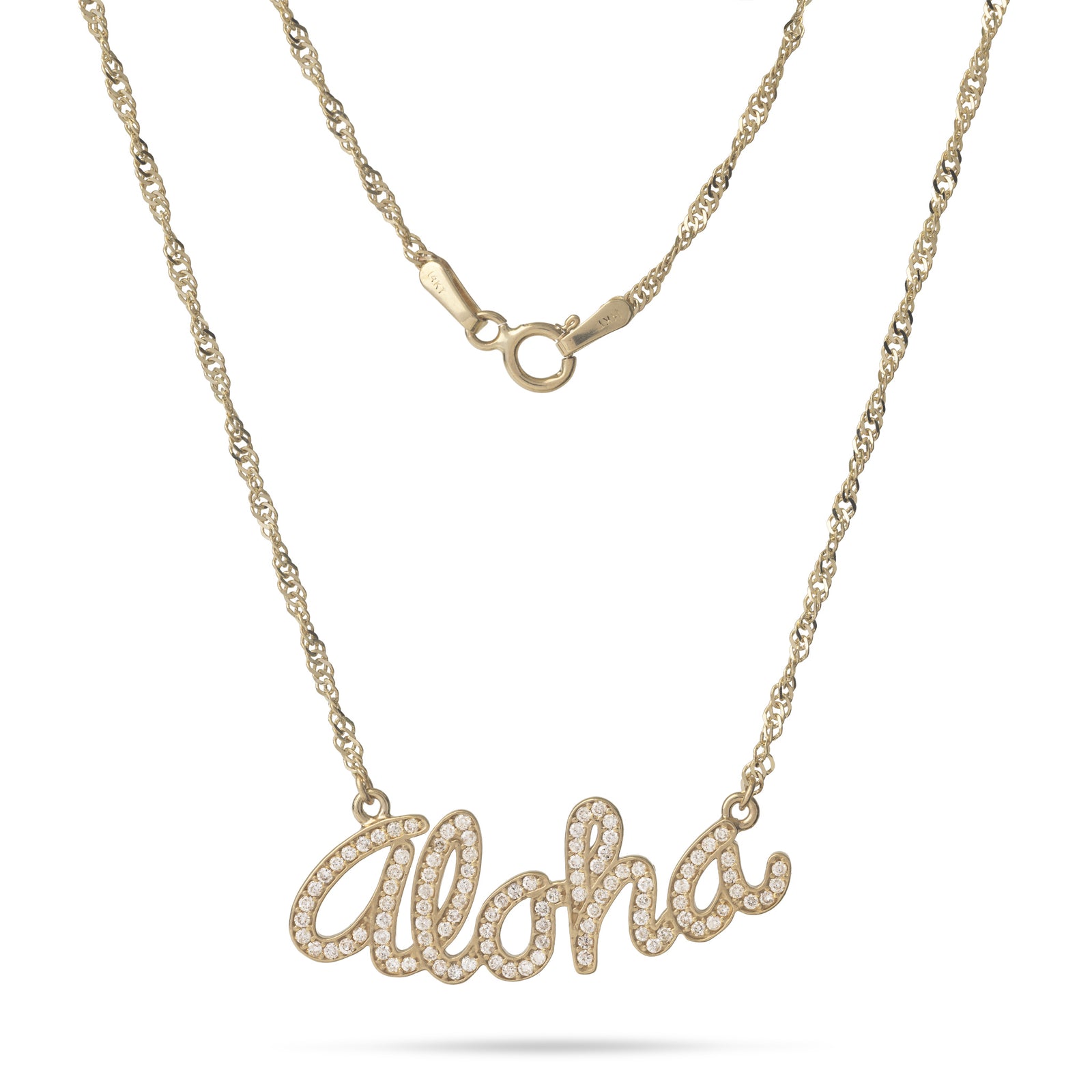 16" Aloha Script Necklace in Gold with Diamonds
