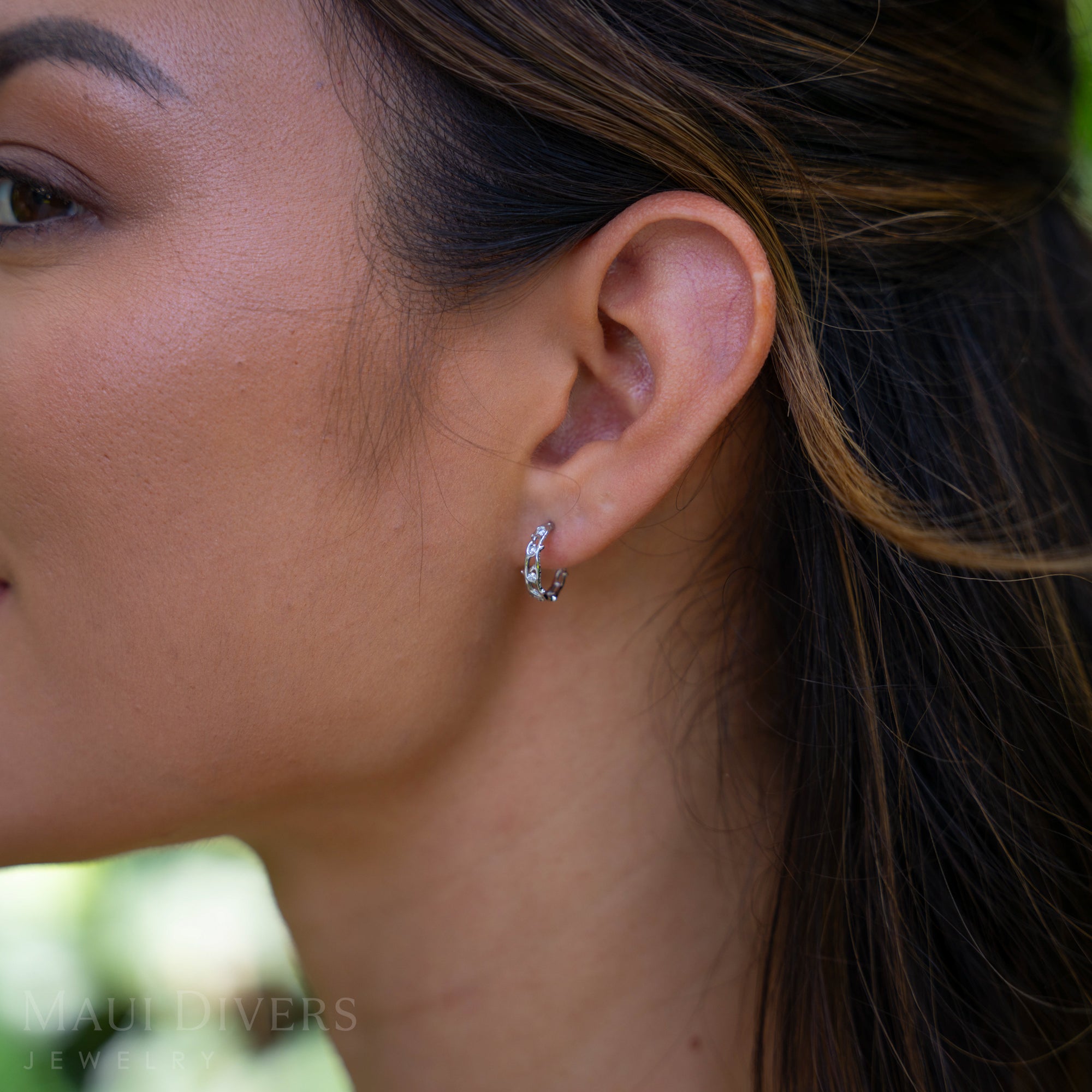 Heritage Huggie Hoop Stud Earrings in White Gold with Diamonds - 13mm