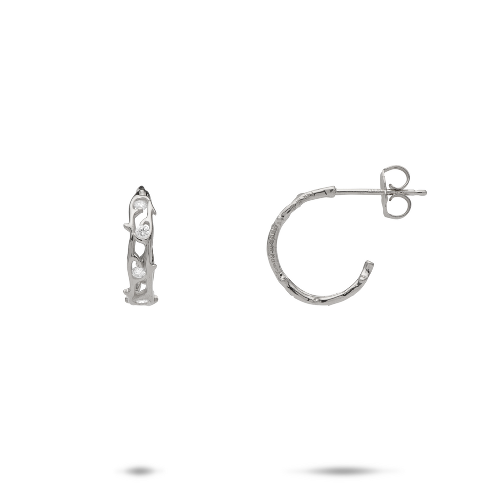 Heritage Huggie Hoop Stud Earrings in White Gold with Diamonds - 13mm