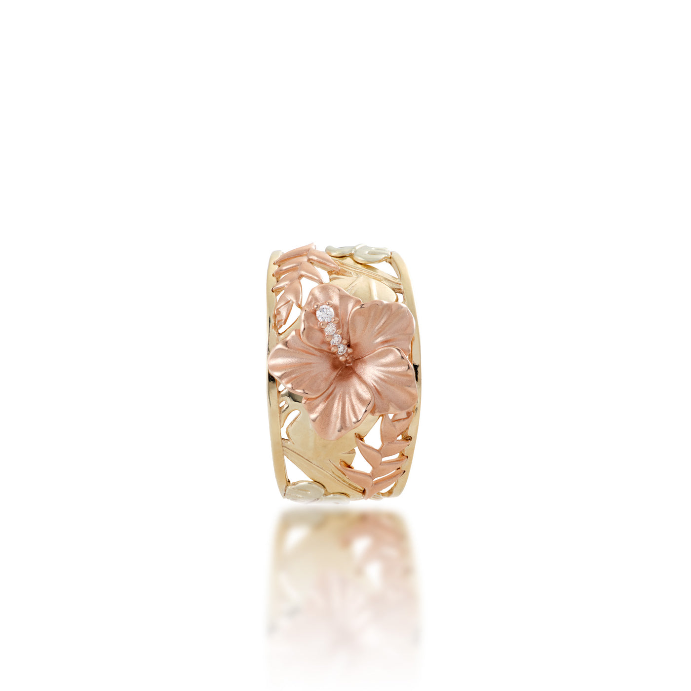 Hawaiian Gardens Hibiscus Ring in Tri Color Gold with Diamonds