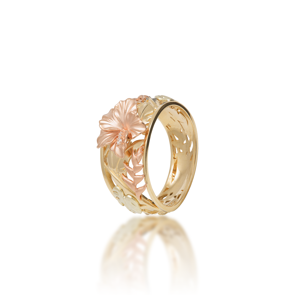 Hawaiian Gardens Hibiscus Ring in Tri Color Gold with Diamonds
