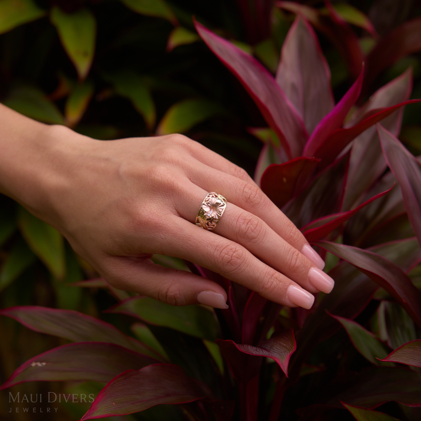 Hawaiian Gardens Hibiscus Ring in Tri Color Gold with Diamonds