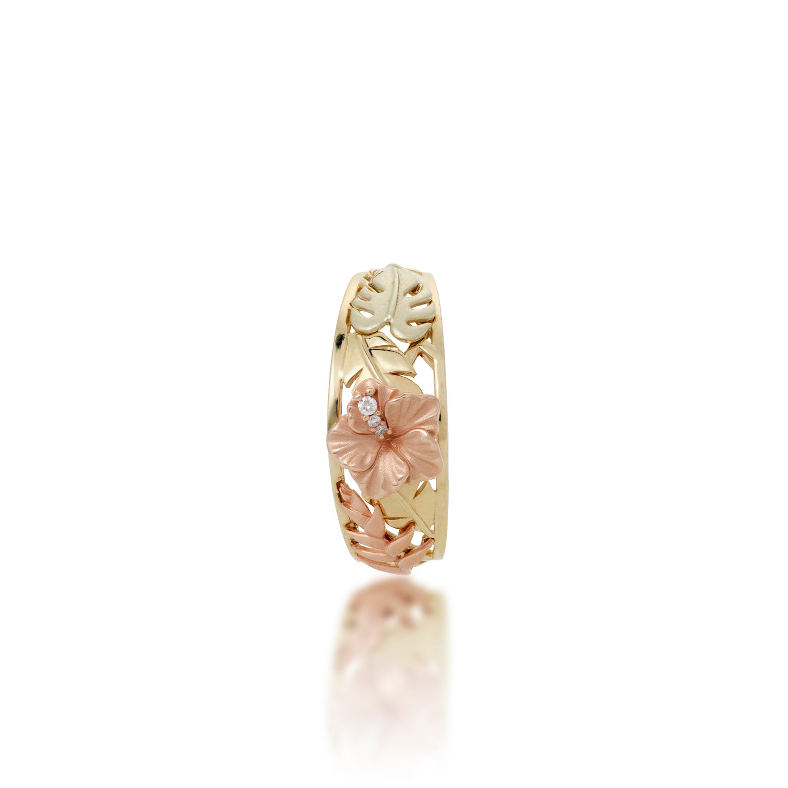 Hibiscus Ring in Rose, Green, and Yellow Gold with Diamonds