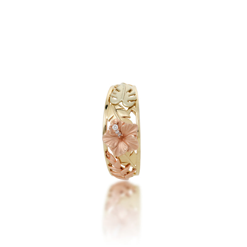 Hibiscus Ring in Rose, Green, and Yellow Gold with Diamonds