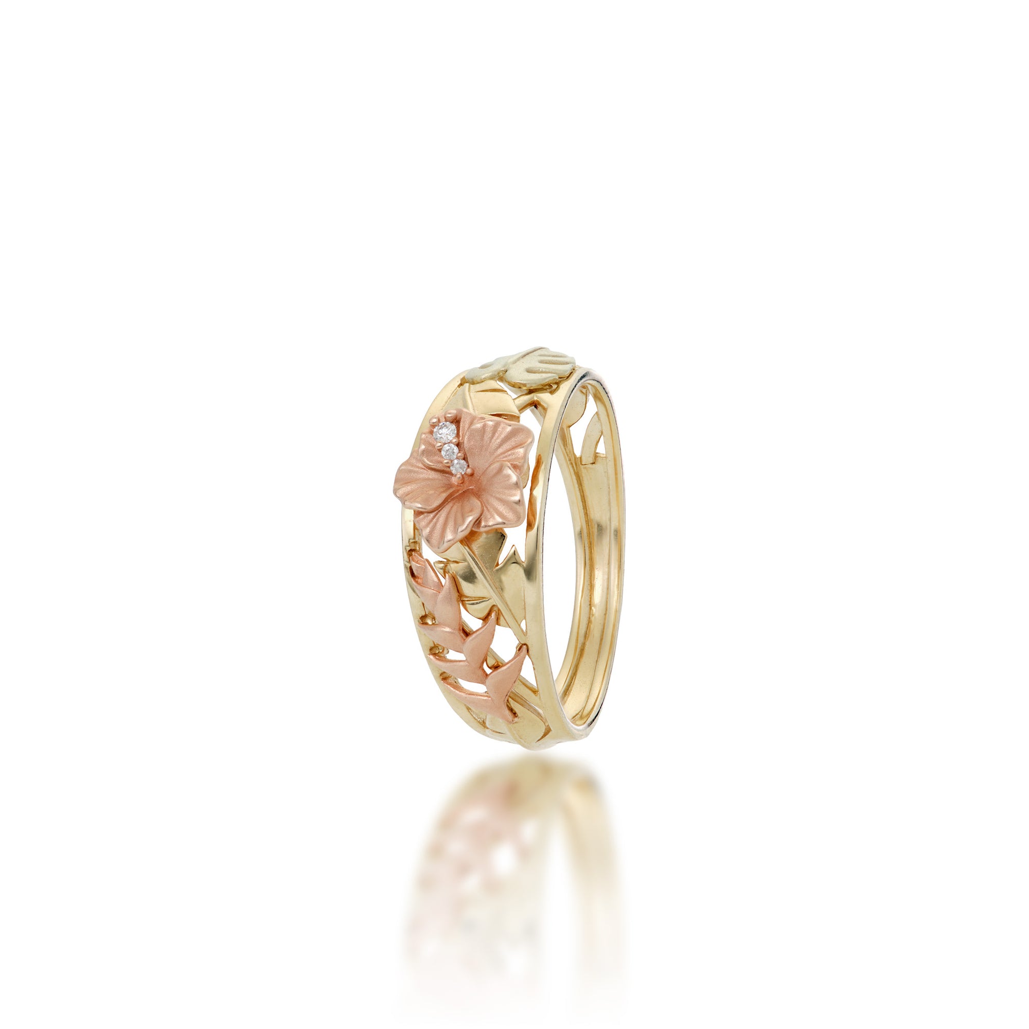 Hibiscus Ring in Rose, Green, and Yellow Gold with Diamonds