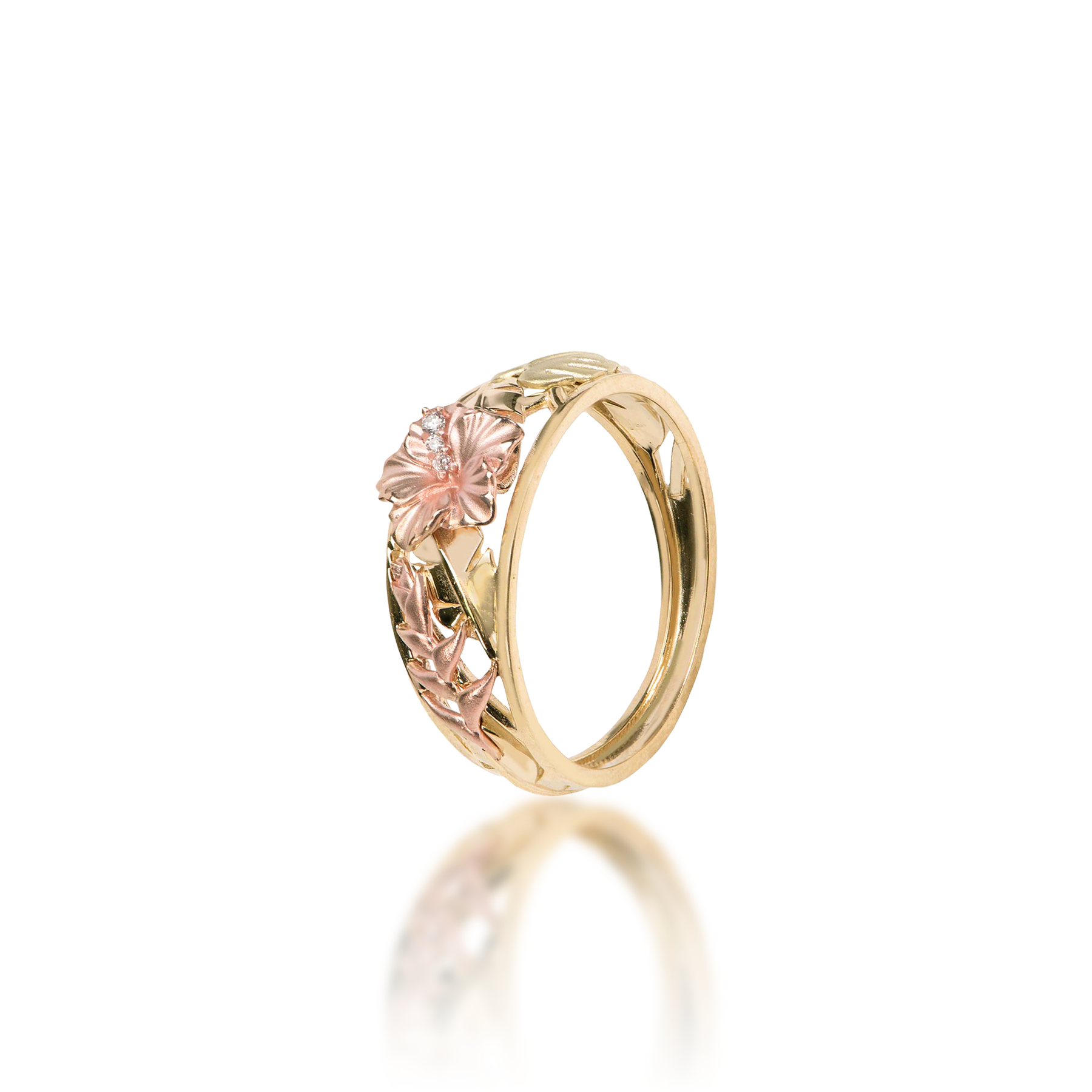 Hibiscus Ring in Rose, Green, and Yellow Gold with Diamonds