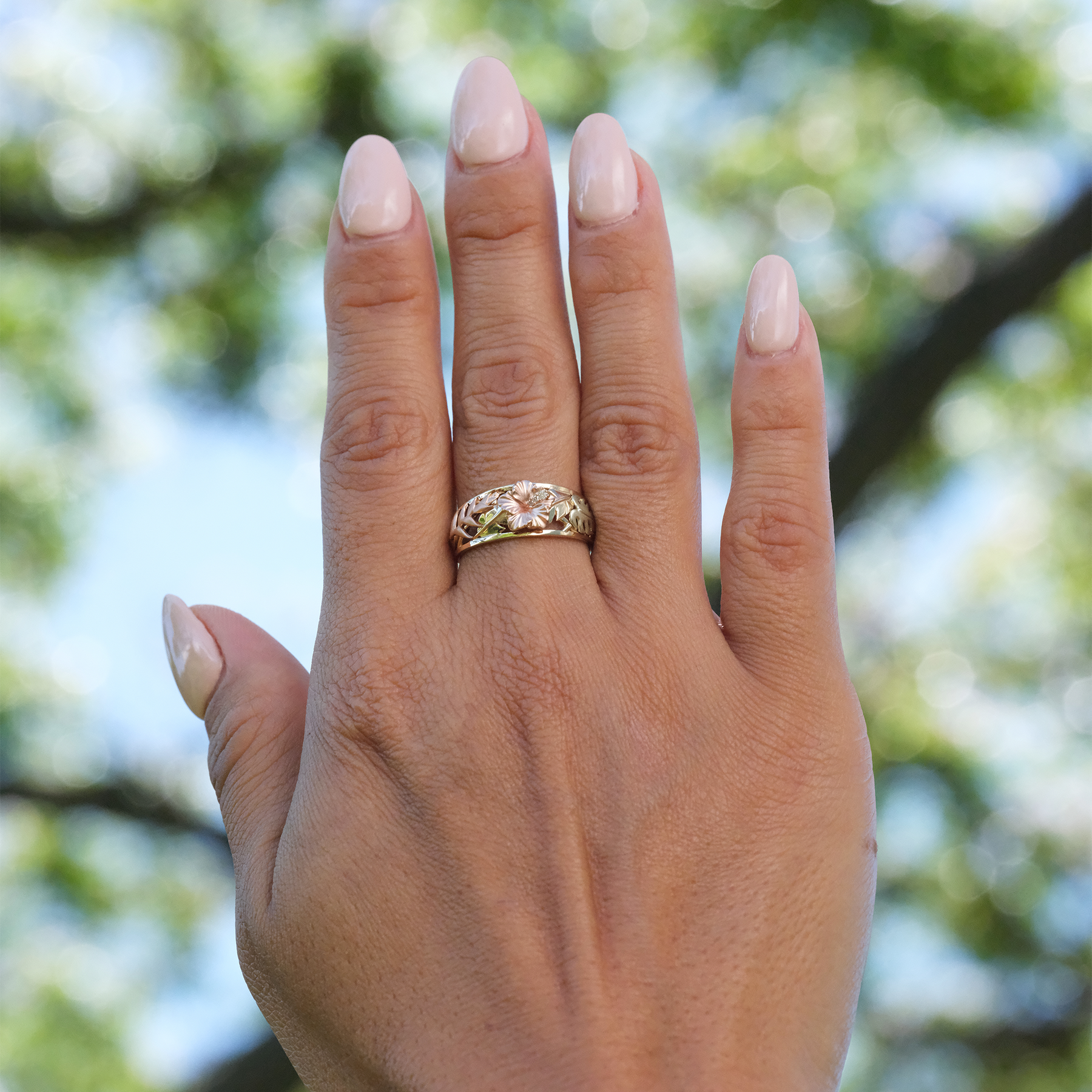 Hibiscus Ring in Rose, Green, and Yellow Gold with Diamonds