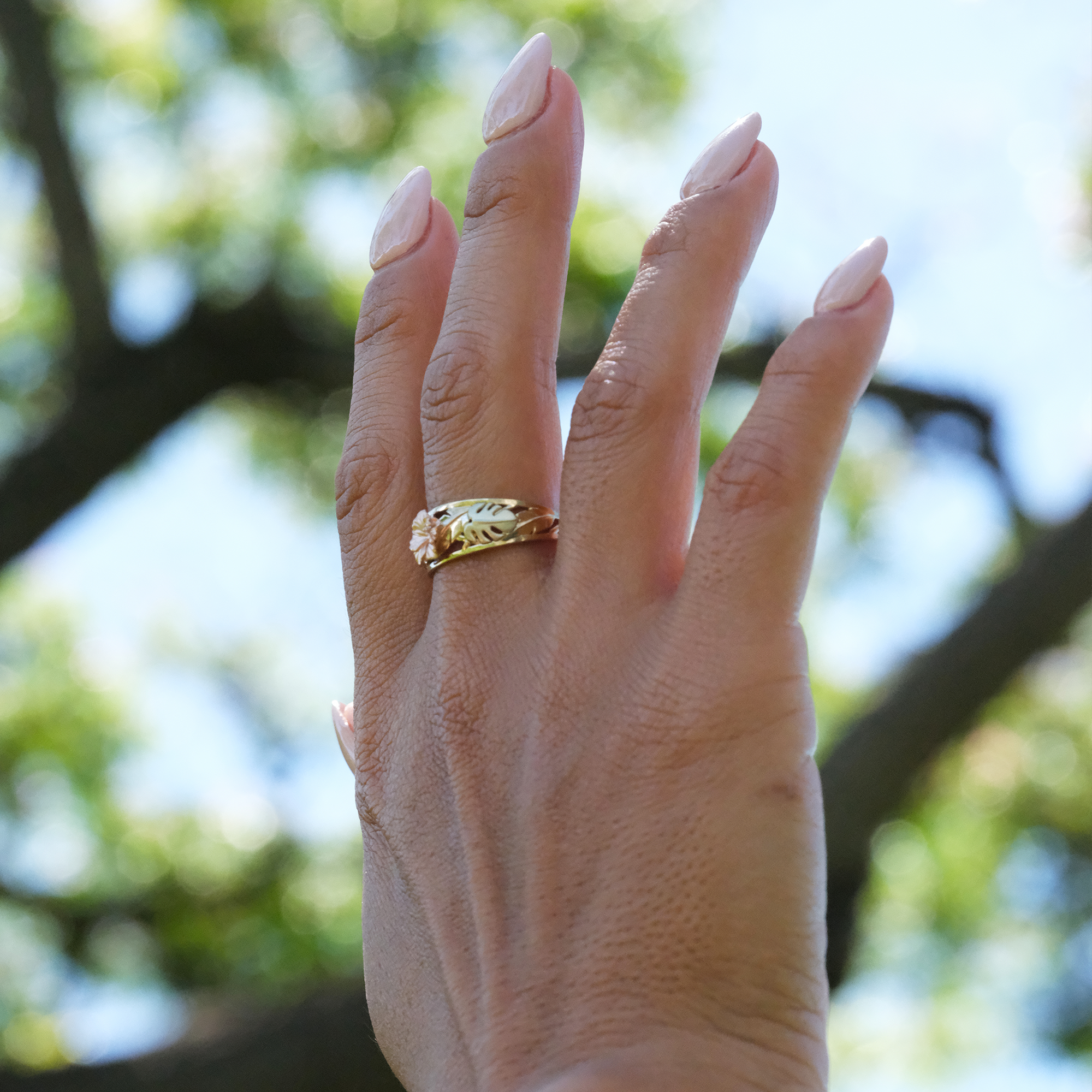Hibiscus Ring in Rose, Green, and Yellow Gold with Diamonds