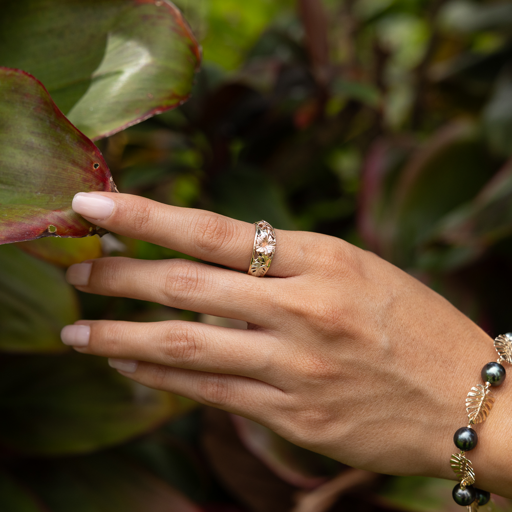 Hibiscus Ring in Rose, Green, and Yellow Gold with Diamonds
