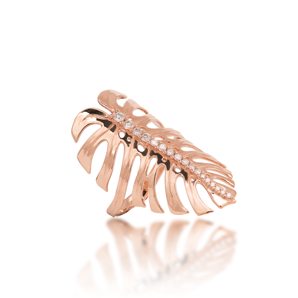Monstera Ring in Rose Gold with Diamonds - 32mm