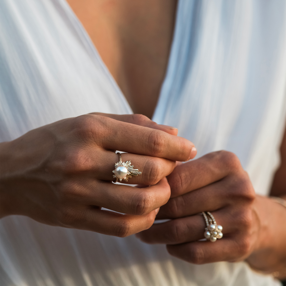 Tiny Bubbles White Freshwater Pearl Diamond Ring in Gold