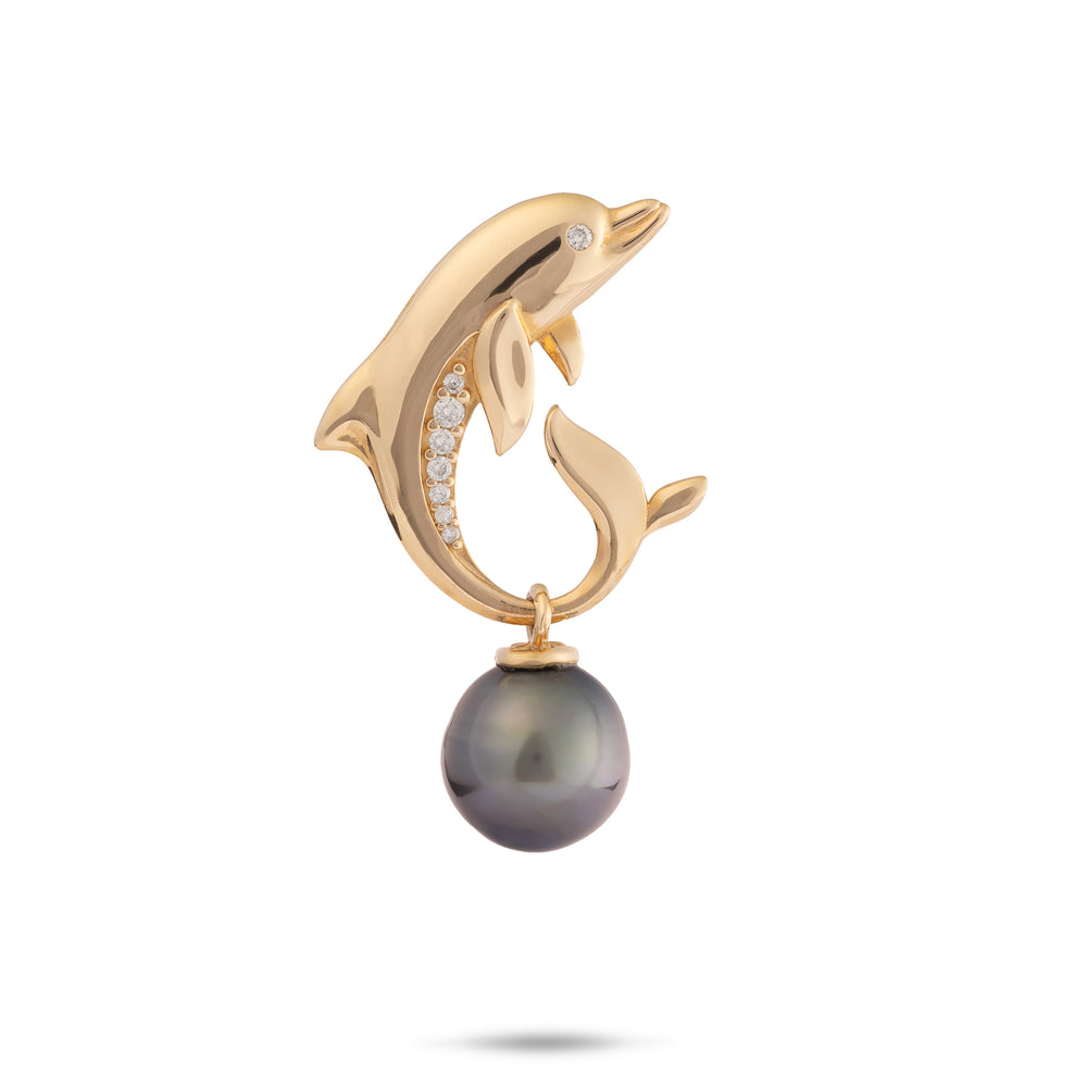 Dolphin Tahitian Black Pearl Pendant in Gold with Diamonds
