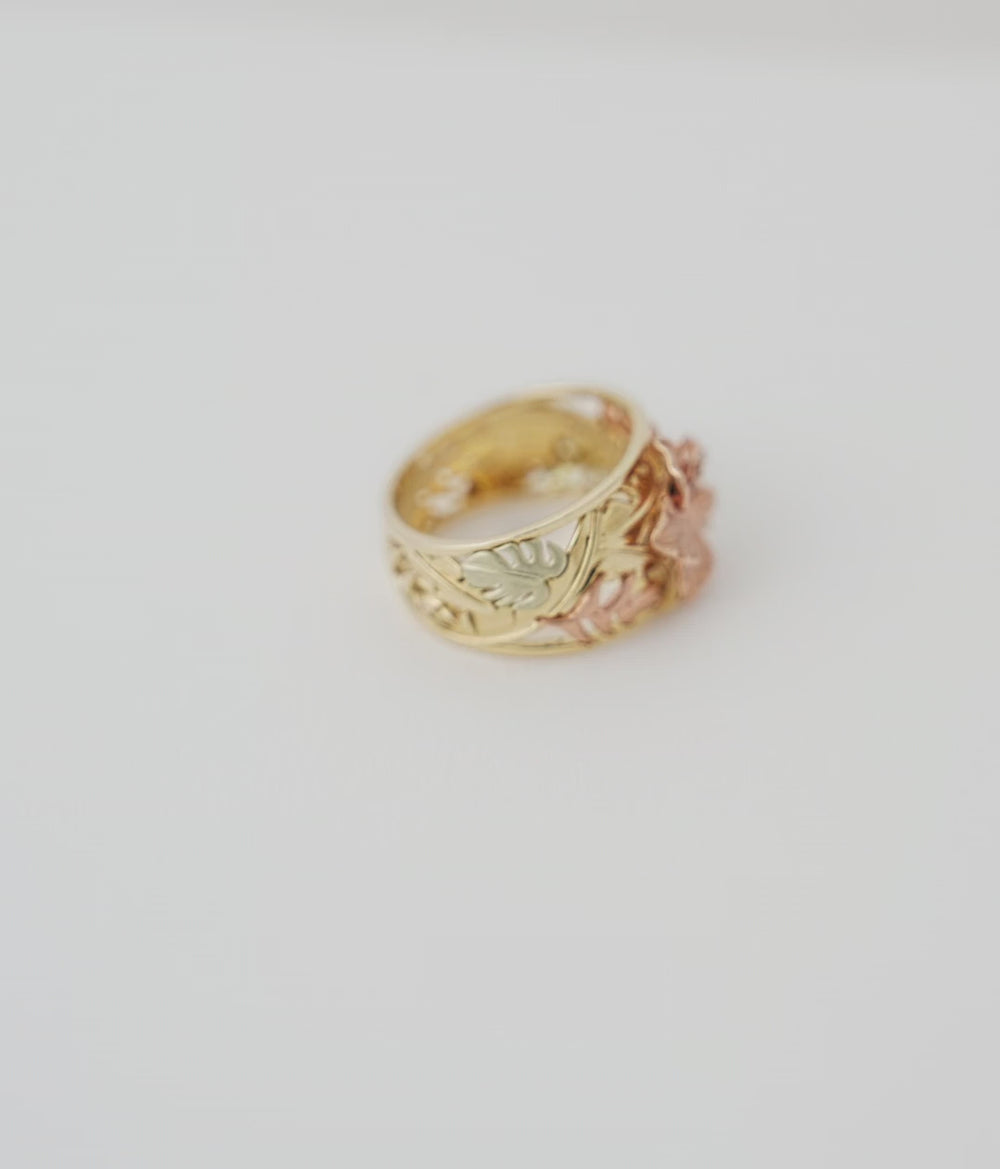Hawaiian Gardens Hibiscus Ring in Tri Color Gold with Diamonds