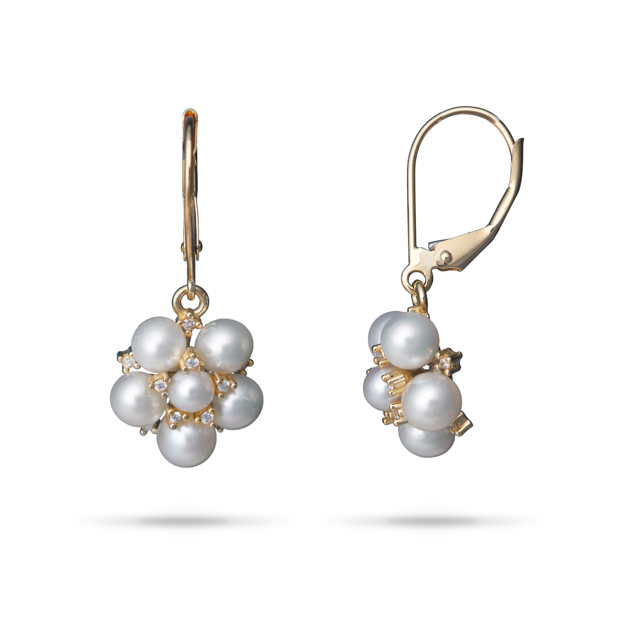 Tiny Bubbles White Freshwater Pearl Diamond Earrings in Yellow Gold