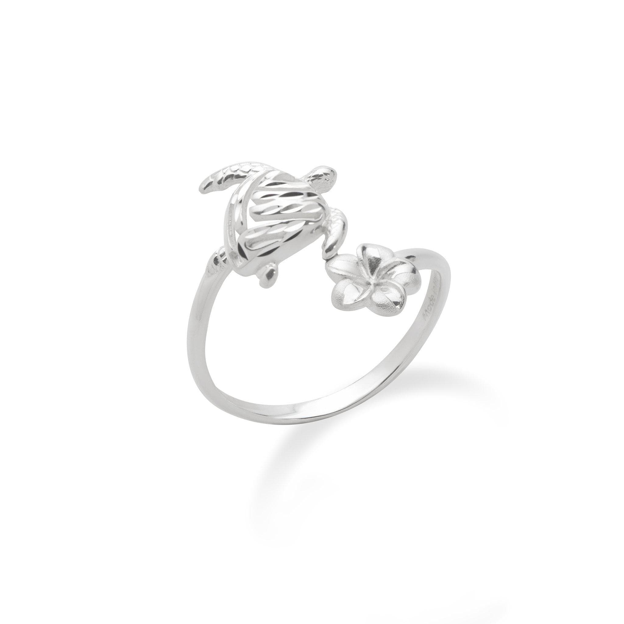 Honu (Sea Turtle) and Plumeria Ring in Sterling Silver