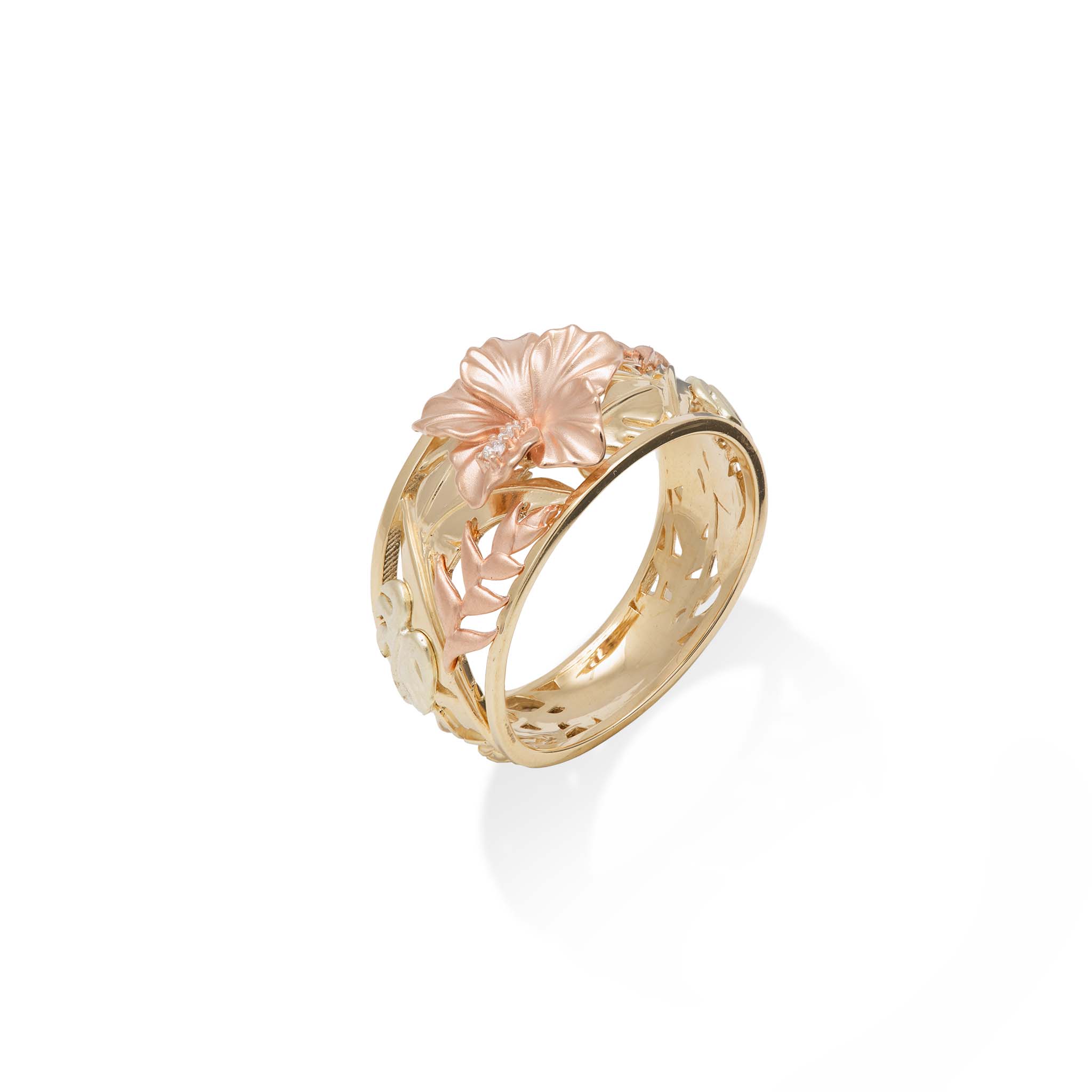 Hawaiian Gardens Hibiscus Ring in Tri Color Gold with Diamonds