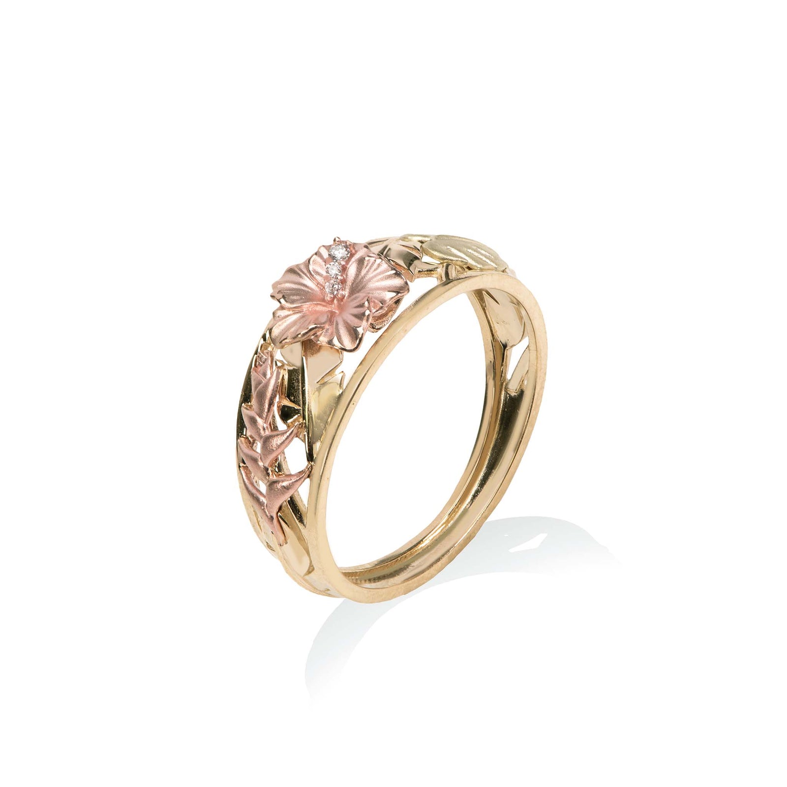 Hibiscus Ring in Rose, Green, and Yellow Gold with Diamonds
