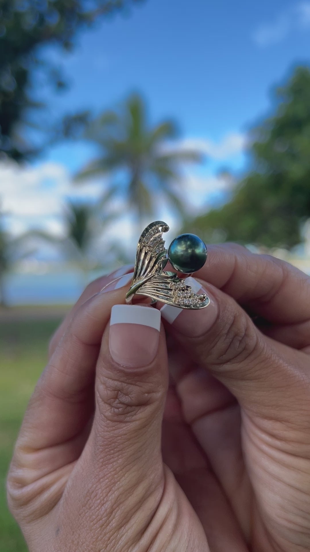 Moon Mermaid Tahitian Black Pearl Ring in Gold with Diamonds